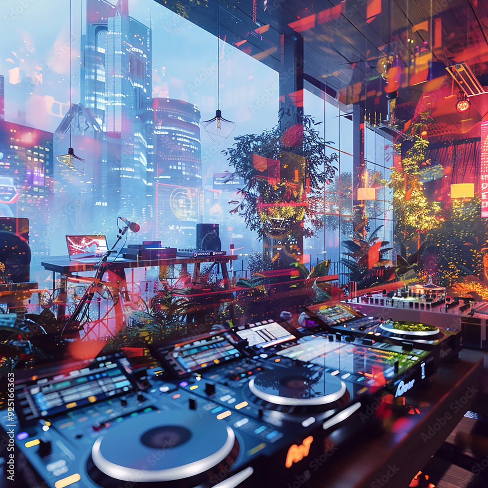 A DJ booth set in an urban rooftop scene, with a double exposure ...