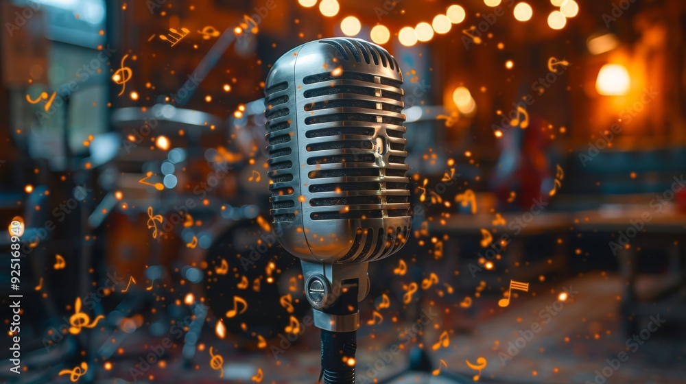 This image features a vintage-style microphone at the center ...