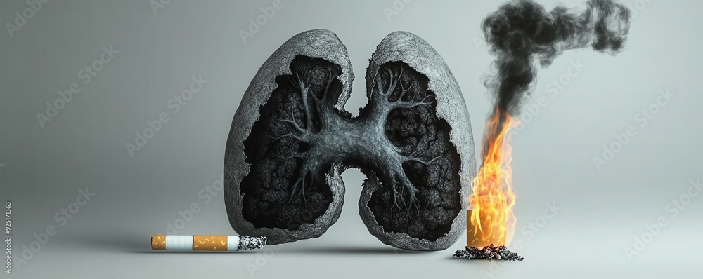 Graphic of a lung turning black and decaying as a cigarette burns ...