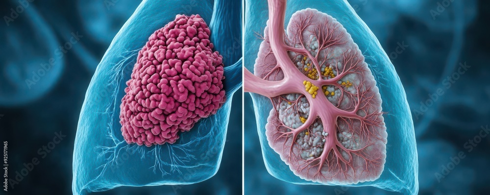 Side-by-side illustration of a healthy lung and a lung affected by ...