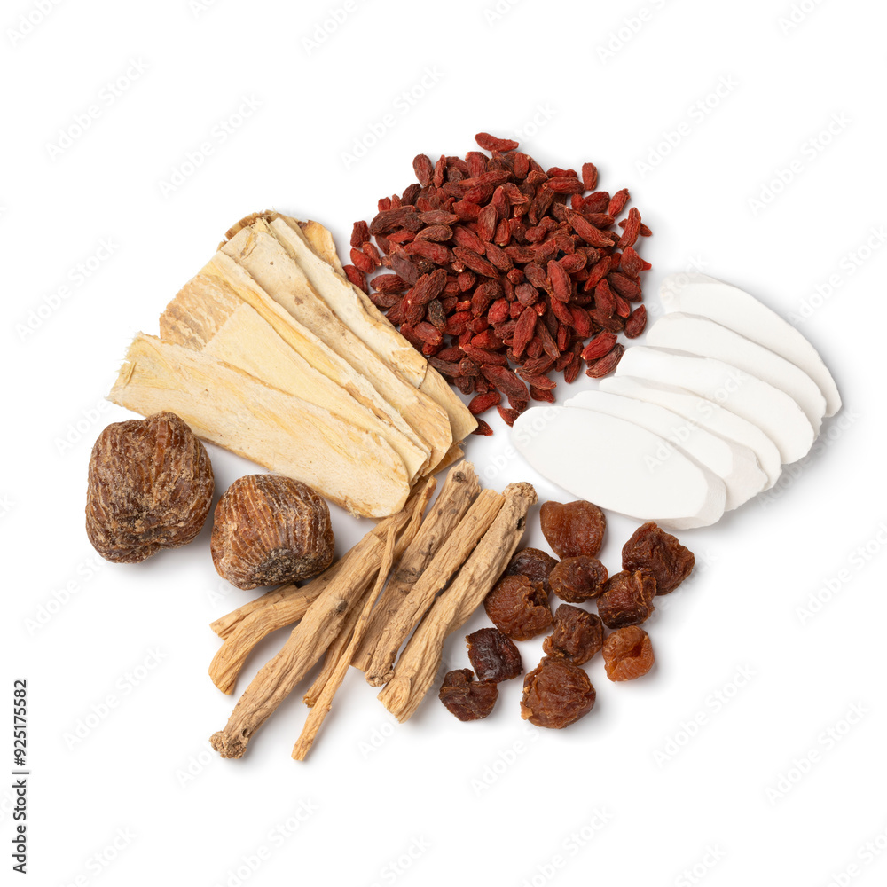 Group of Chinese dried herbs to make a healthy Pak Kee Tangshen stock ...