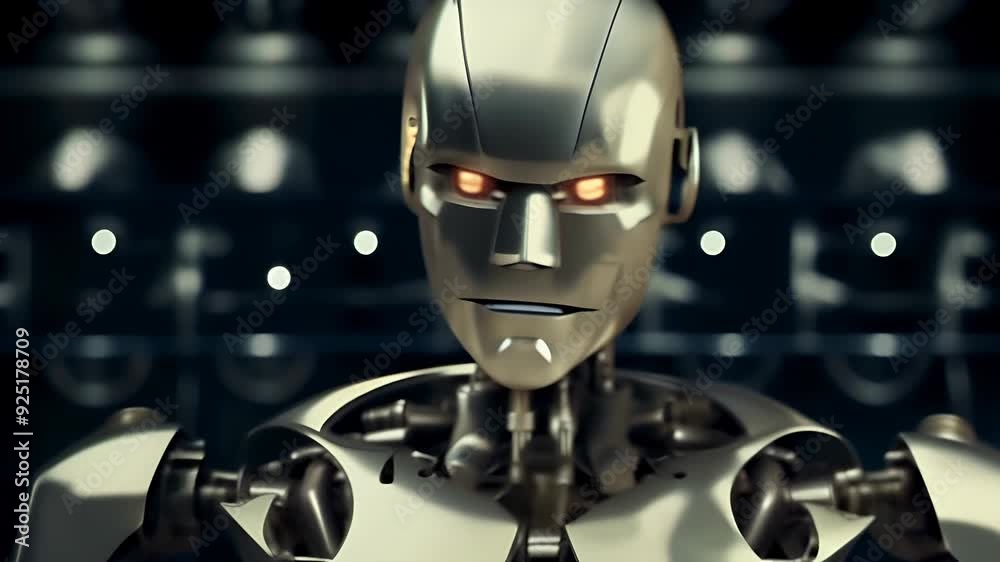Video of sleek, chrome-finished robot with orange glowing eyes in ...