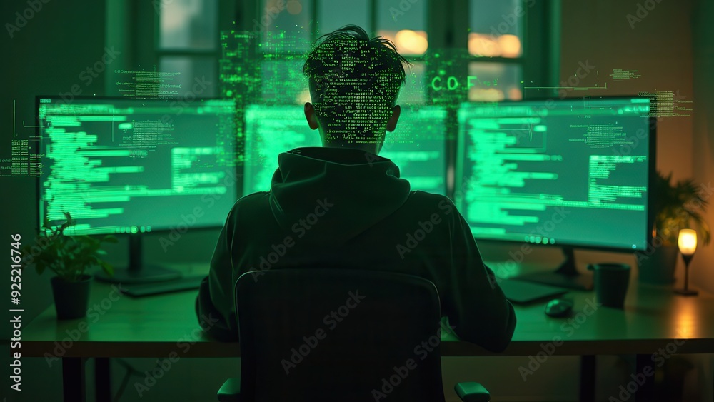 Software Developer Coding on Multiple Monitors in a Dimly Lit Home ...