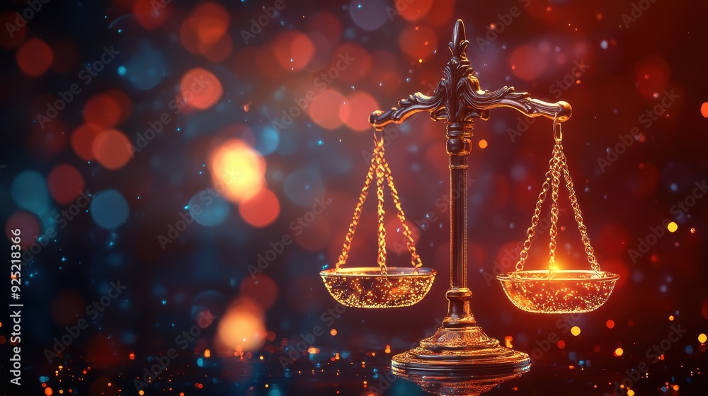 Justice scales with a glowing equal sign, suspended in the air, with a ...