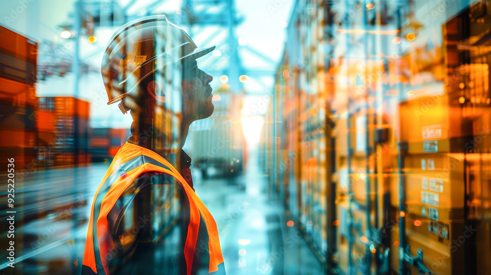 A logistics professional observes cargo containers in a modern ...
