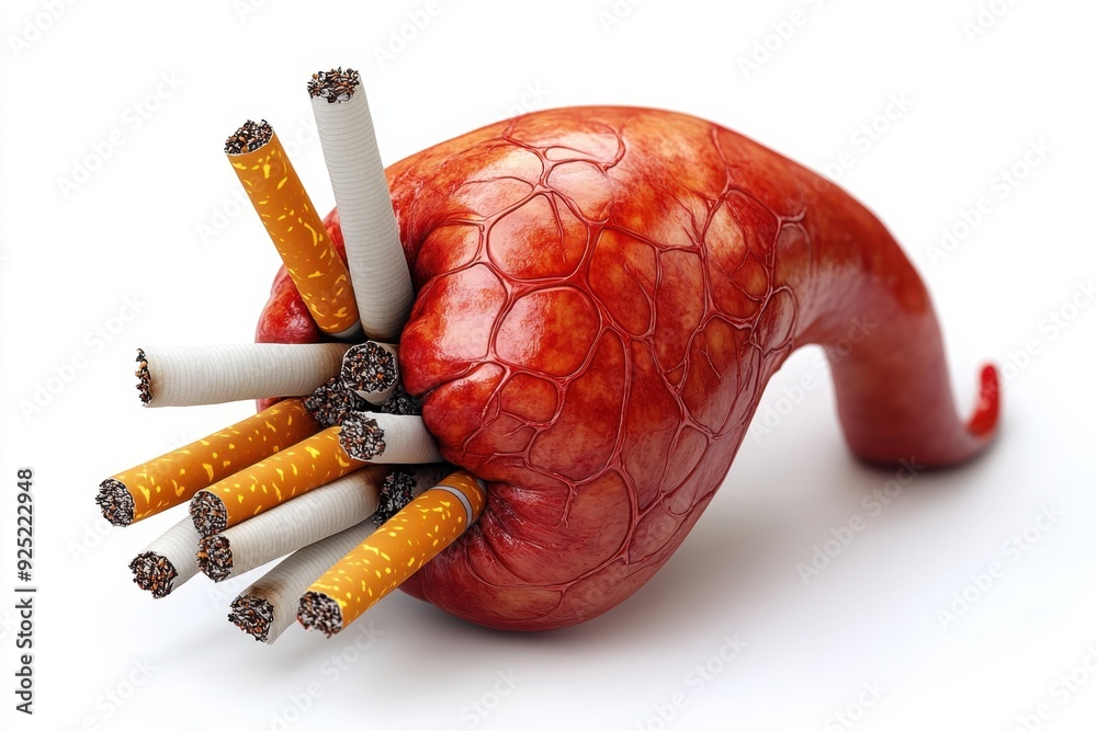 Rotten human carotid artery with cigarettes sticking out, placed ...
