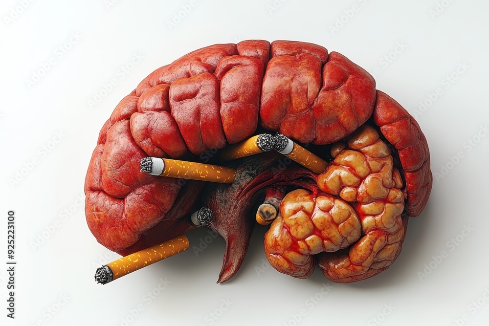 Rotten human gallbladder with cigarettes sticking out, placed against a ...