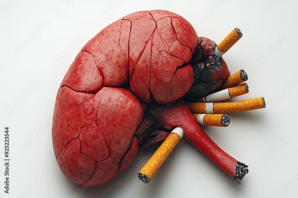 Rotten human liver with cigarettes sticking out, placed against a pure ...