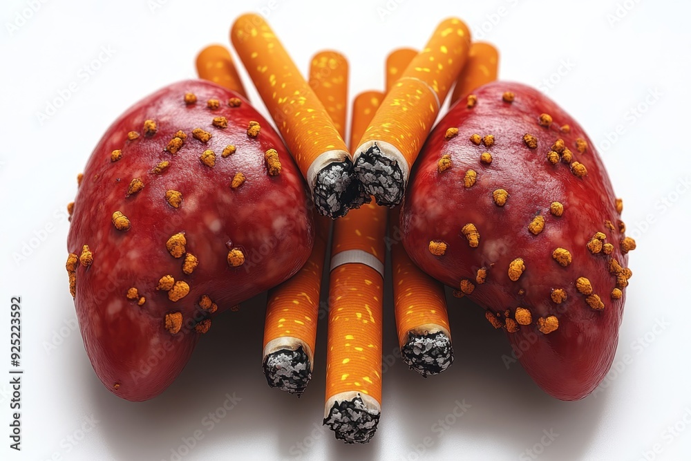 Rotten human liver with cigarettes sticking out, placed against a pure ...