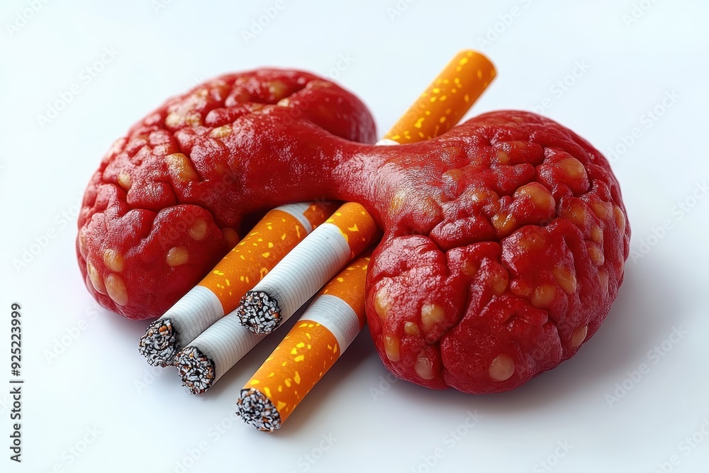 Rotten human lymph nodes with cigarettes sticking out, placed against a ...
