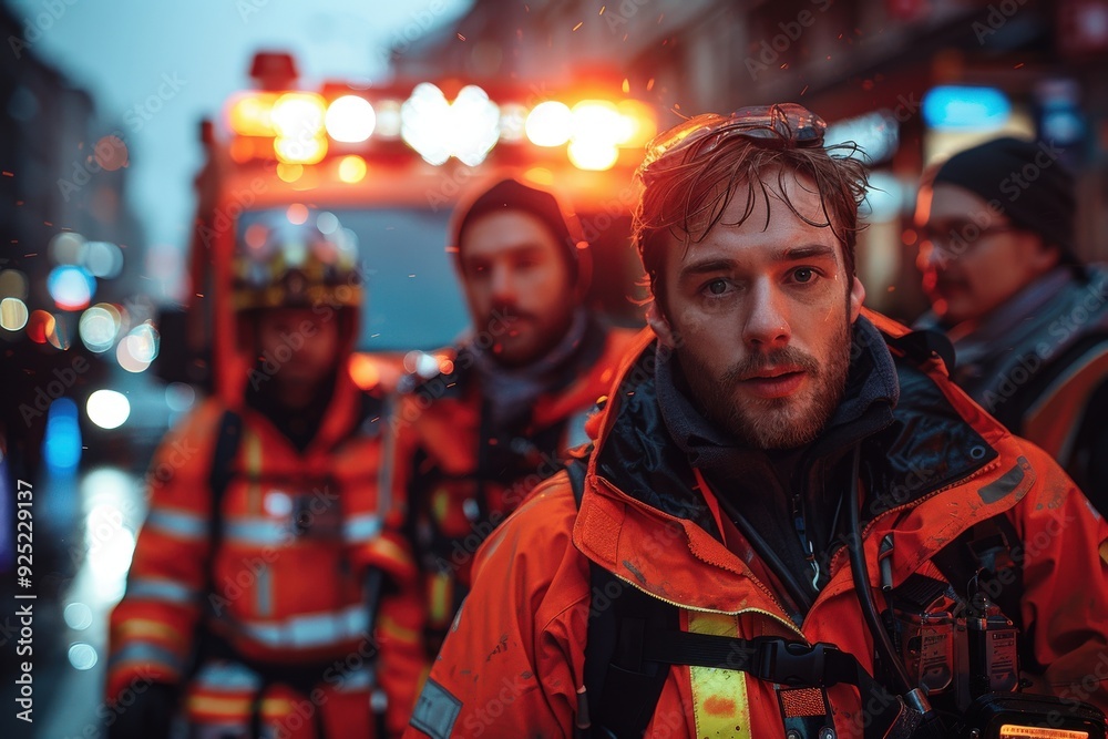 Emergency workers in orange jackets respond to a night-time incident ...