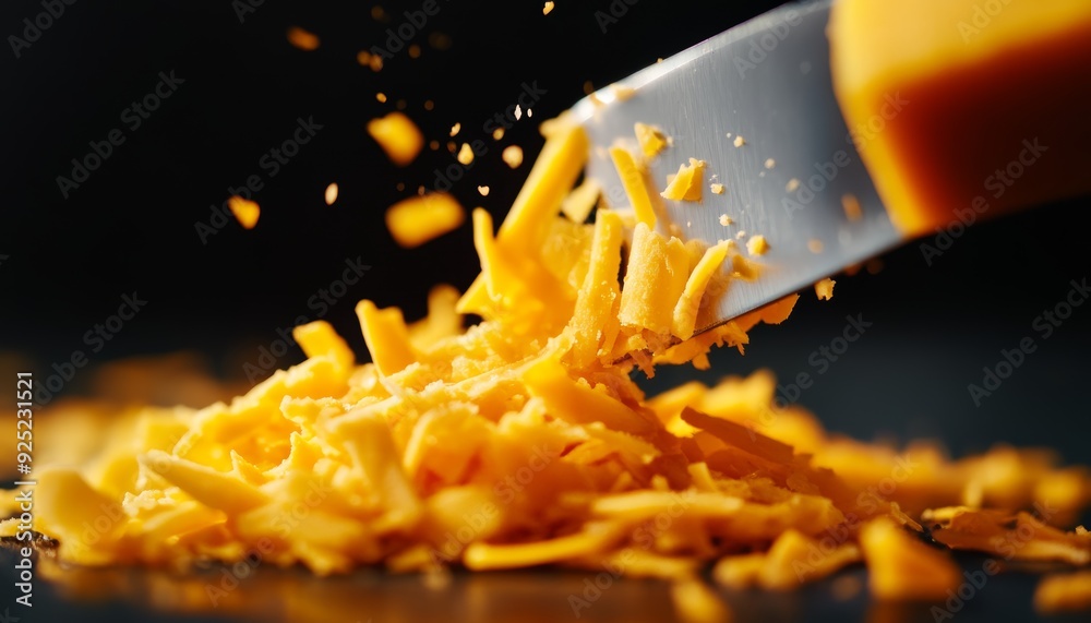 Close-up of freshly grated cheddar cheese, showcasing vibrant color and ...