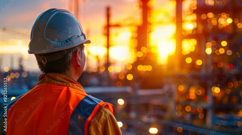 A construction worker in a hard hat and safety vest observes an ...