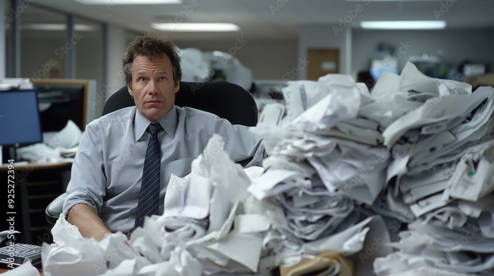 An office worker looks overwhelmed by piles of paperwork in a cluttered ...
