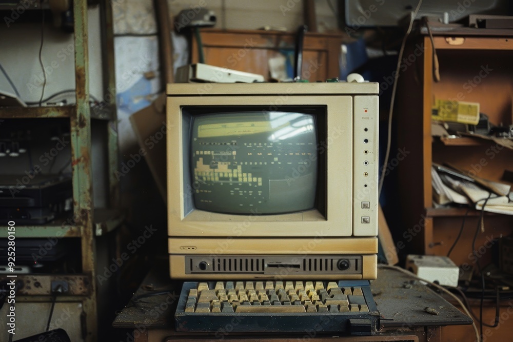 An old computer tower with a dial-up modem sitting on top of a table ...