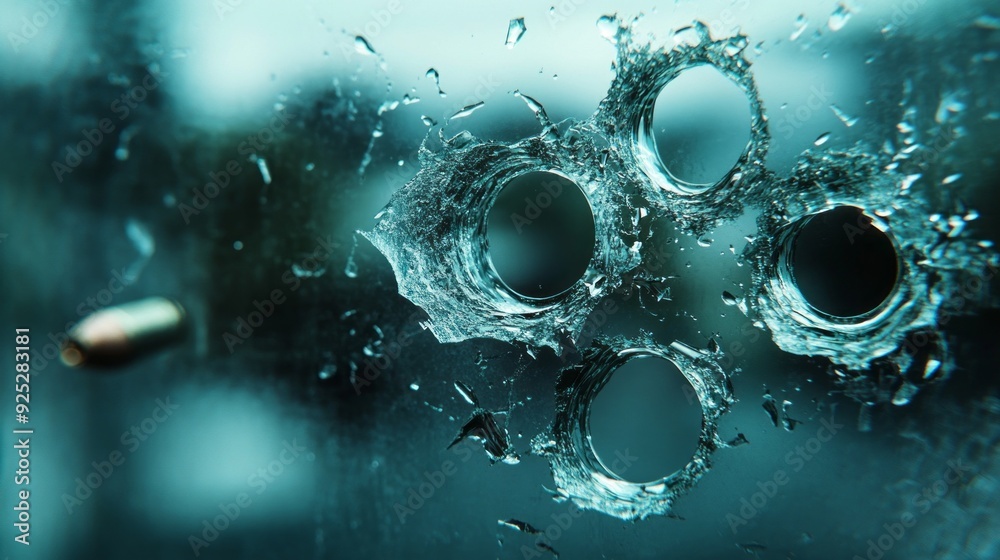 Three distinct bullet holes puncture a glass surface, revealing ...