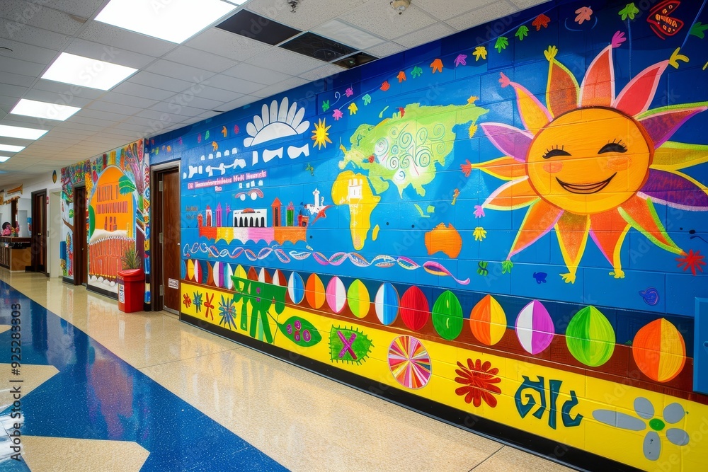 A school hallway adorned with a vibrant mural celebrating linguistic ...