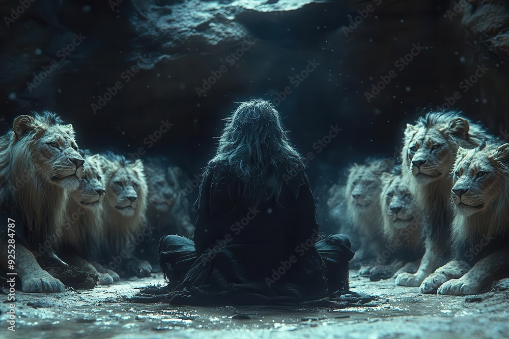 majestic lion pride surrounding a serene figure in a moonlit desert ...