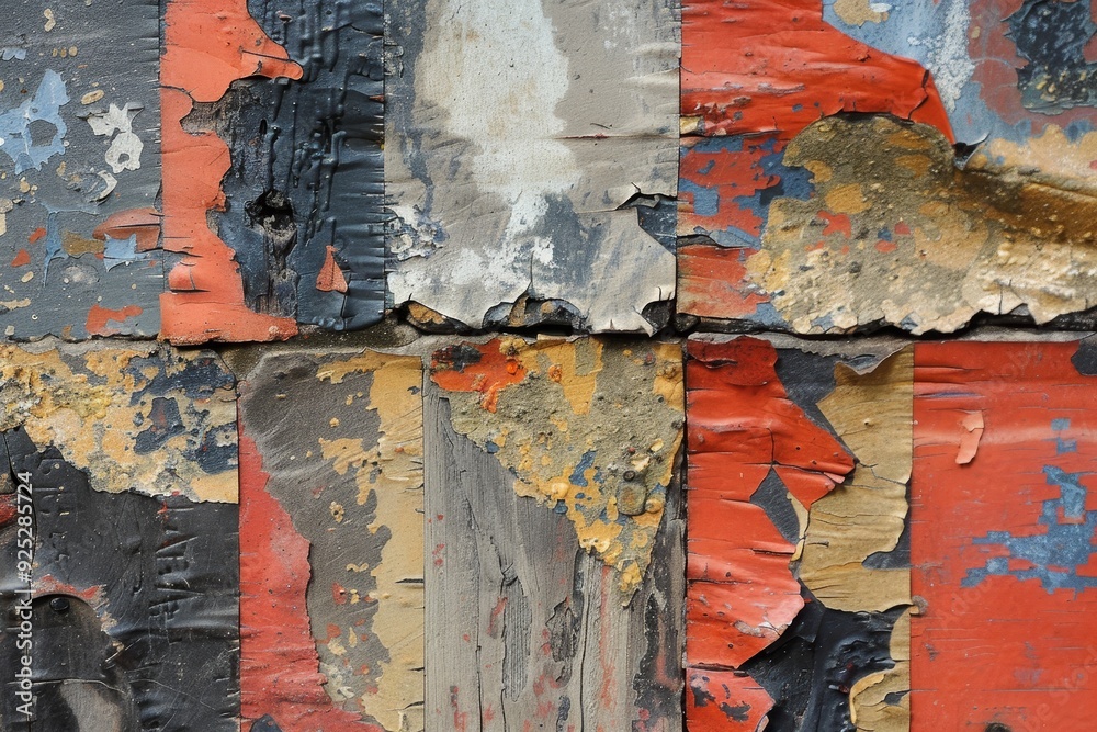 Detailed view of peeling paint on a wall with patchy sections repaired ...