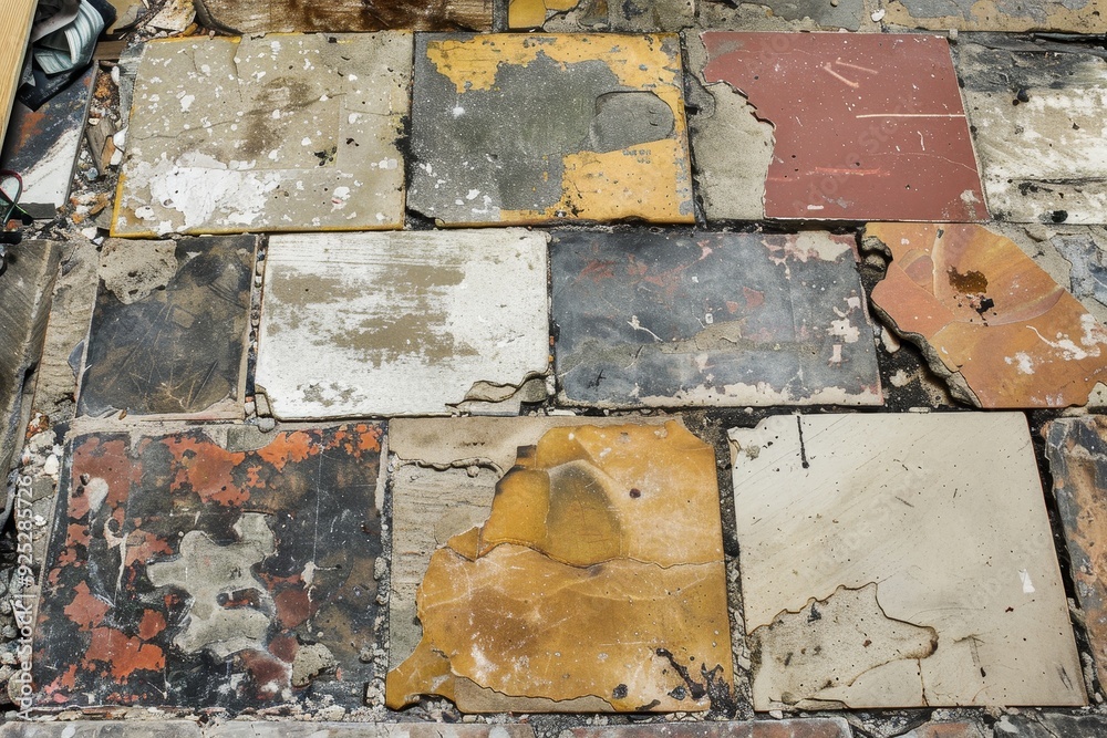 Detailed view of a tiled floor showing patches of peeling paint, Patchy ...