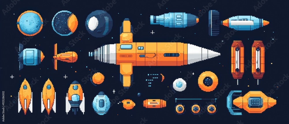Bright and colorful futuristic spaceship sprites in pixel art style ...