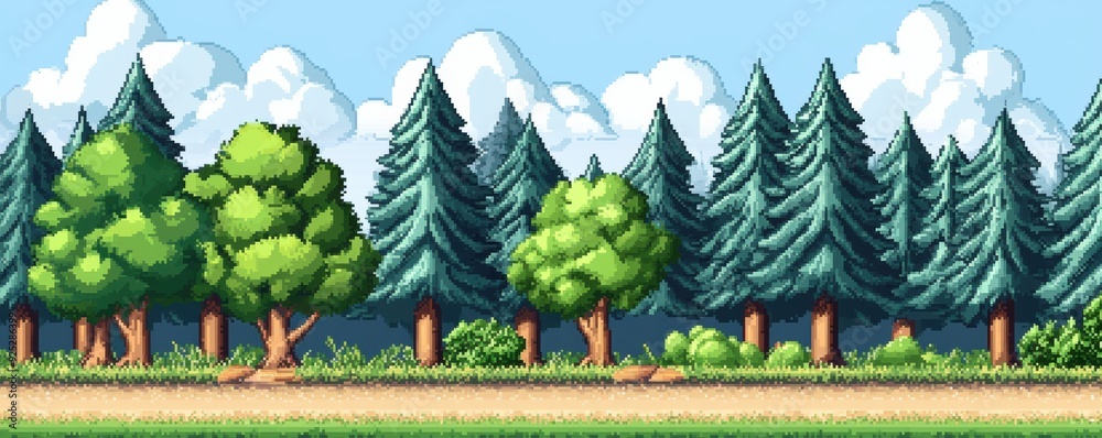 Colorful 8-bit pixel art forest scene, capturing the essence of ...