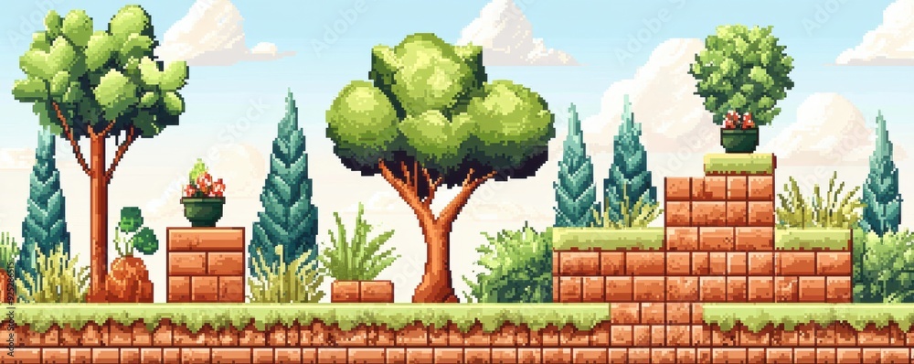 Colorful retro arcade game background with pixel art bricks and ...