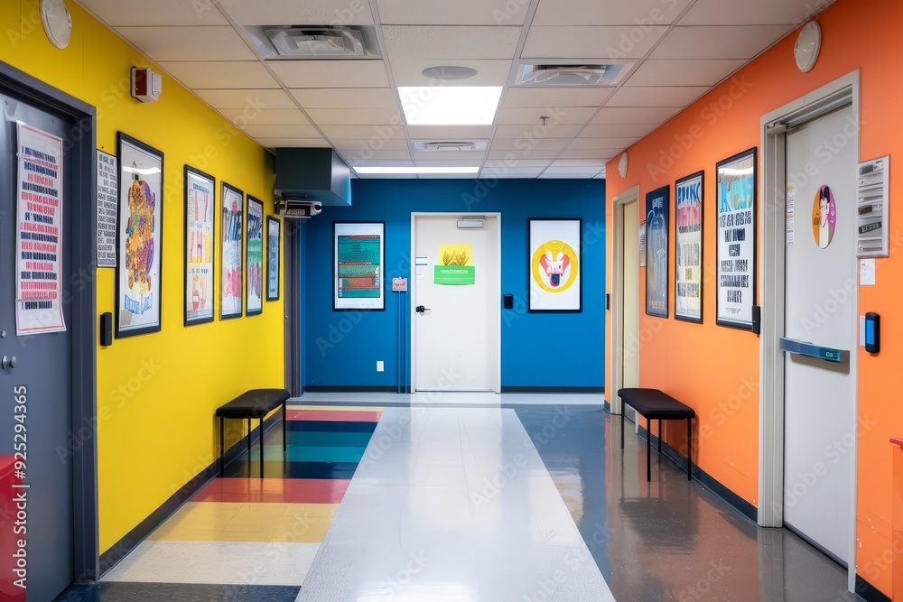 A brightly colored hallway adorned with benches and walls featuring ...