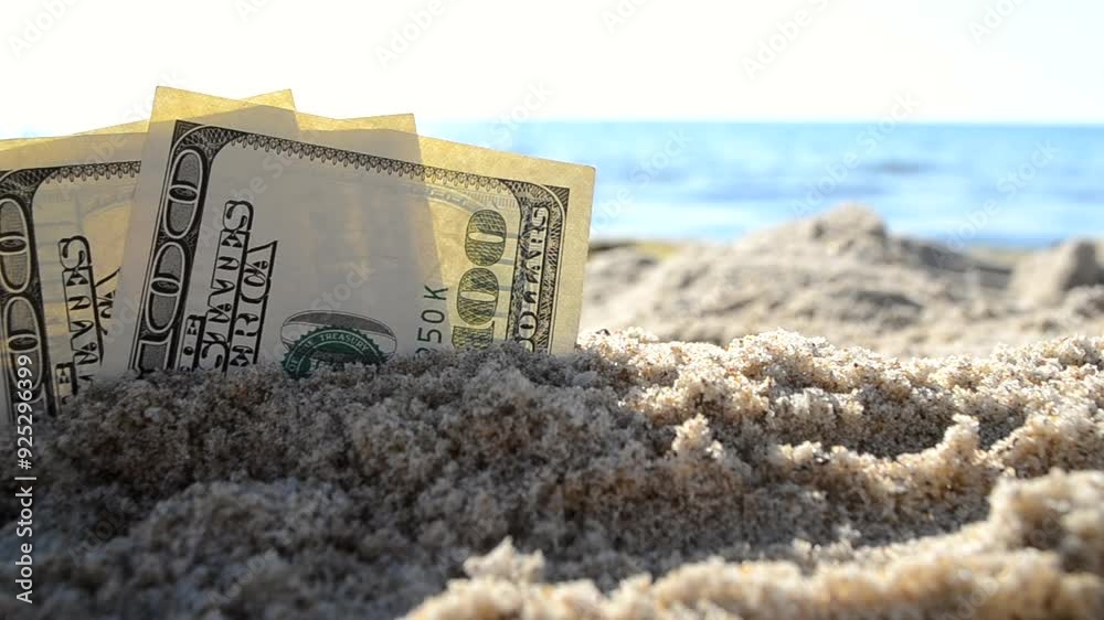 Three dollar bills are buried in sand on sandy beach near sea on sunny ...