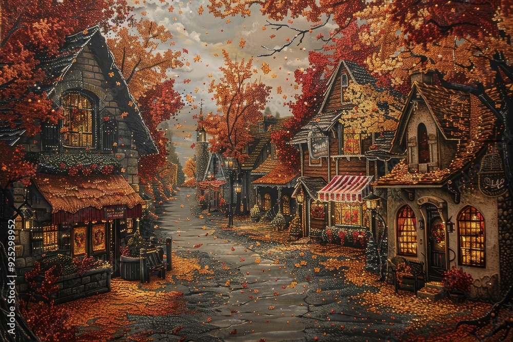 Painting depicting a quaint village street with traditional houses and ...