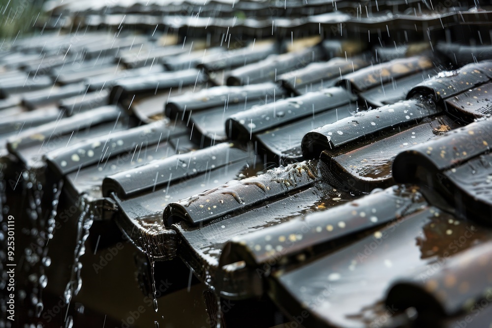 Wet benches in a row, covered in rainwater on a rainy day, Rainwater ...