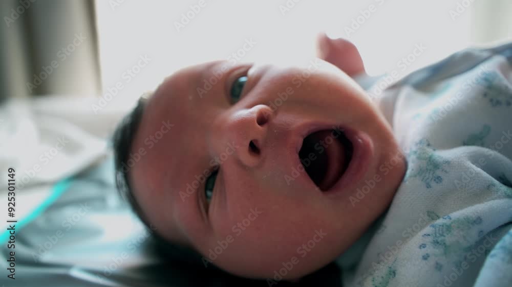 Close-up of a newborn baby yawning while lying on a bed, reflecting the ...