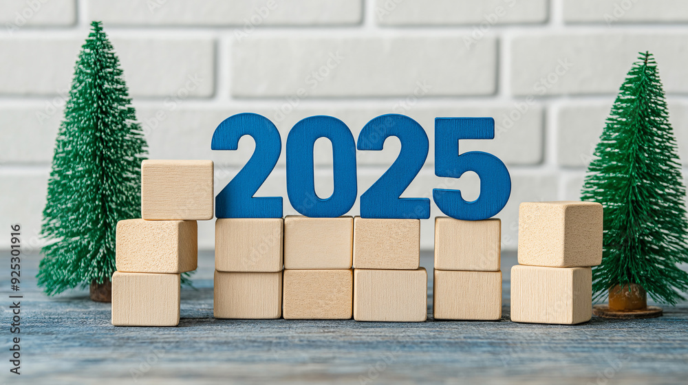 Wooden blocks arranged to display the year 2025 alongside small ...