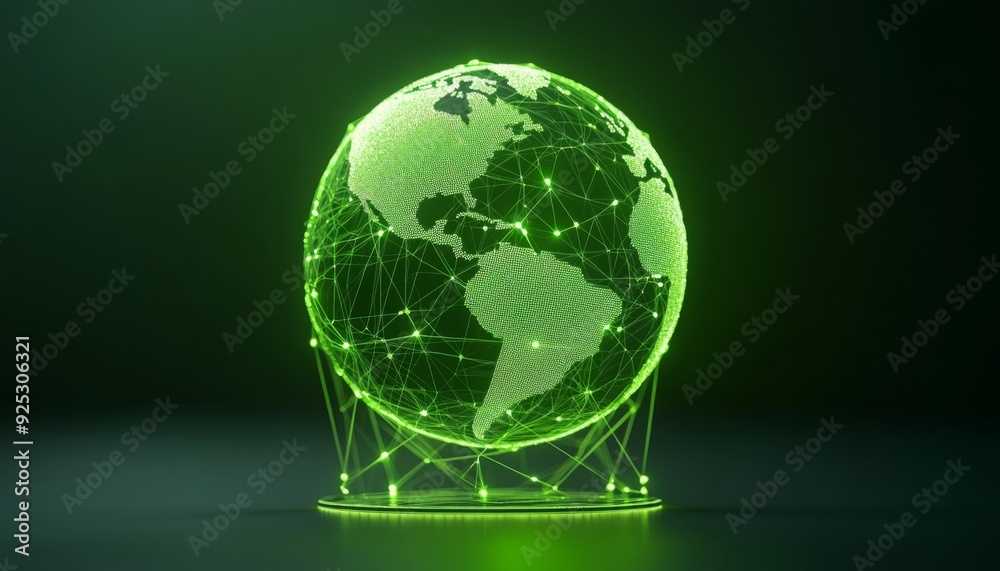 Glowing Green wireframe globe. A digital Earth glowing in green with a ...