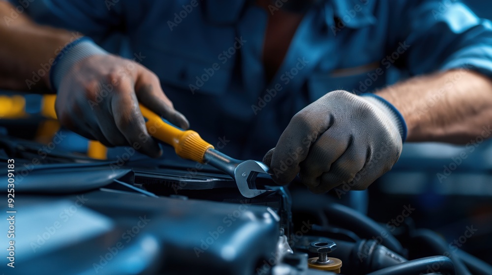 Mechanic working on a car engine, using diagnostic tools and wrenches ...