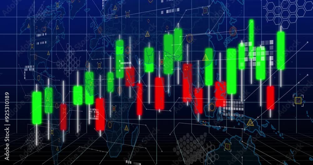 Stock market candlestick chart animation over world map and data grid ...