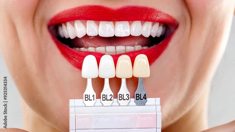 Tooth whitening, perfect white teeth close up with shade guide bleach ...