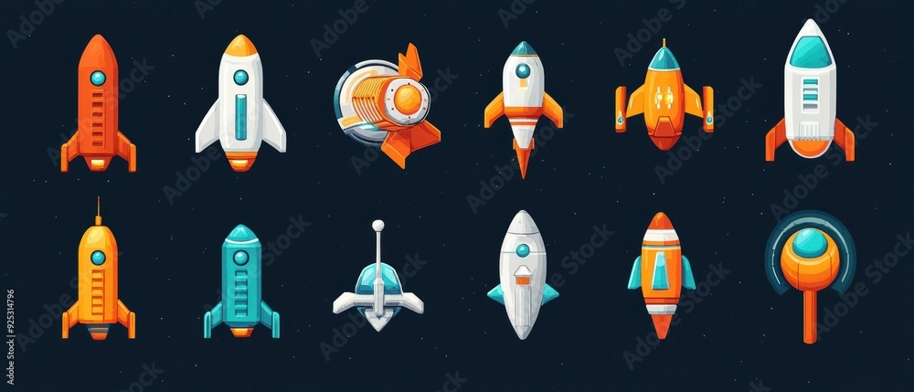 Bright retro pixel art spaceship sprites for arcade games Stock ...