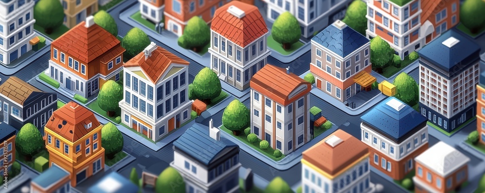 Isometric 8-bit pixel art cityscape with sharp edges and vibrant retro ...