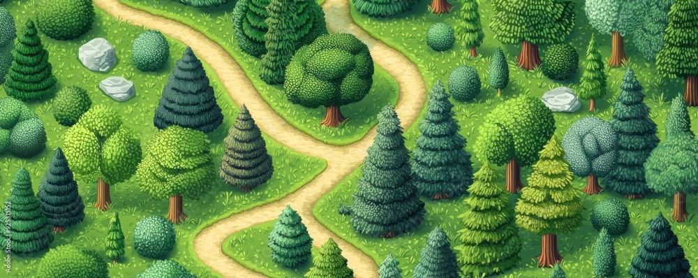 Isometric pixel art depicting a lush forest with winding paths and ...