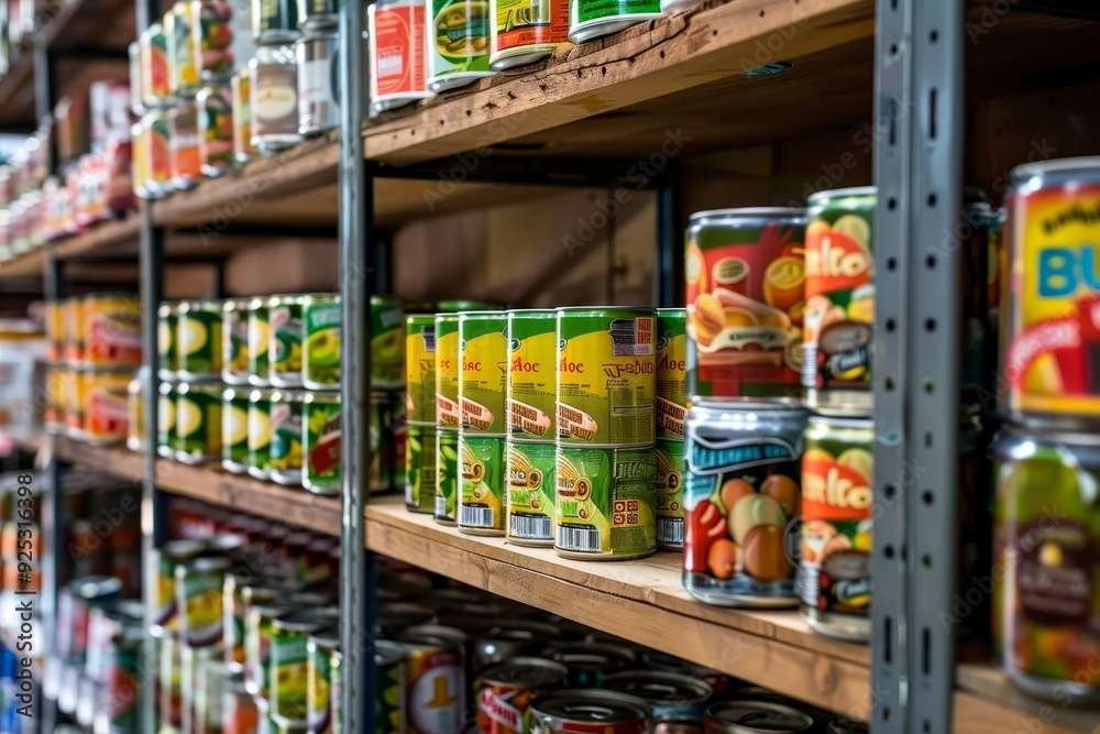 Rows of neatly stacked shelves holding cans of canned food in a grocery ...