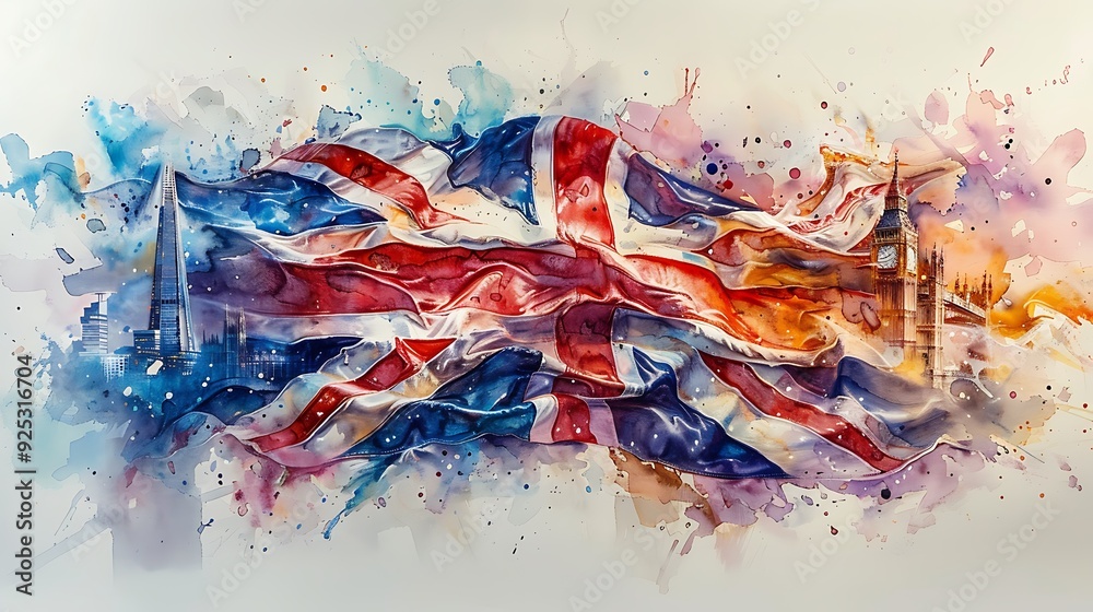 Watercolor depiction of the Union Jack, flowing gracefully against a ...