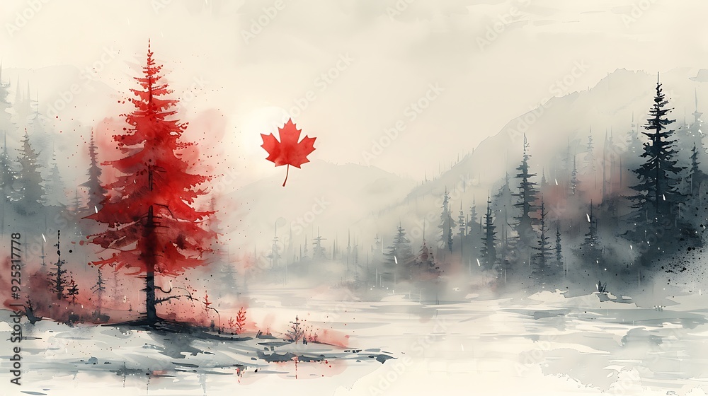 Watercolor illustration of the Canadian flag, the red maple leaf ...