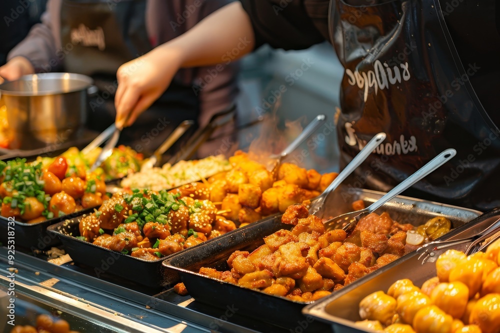 Various dishes of food arranged in a buffet line being served to ...