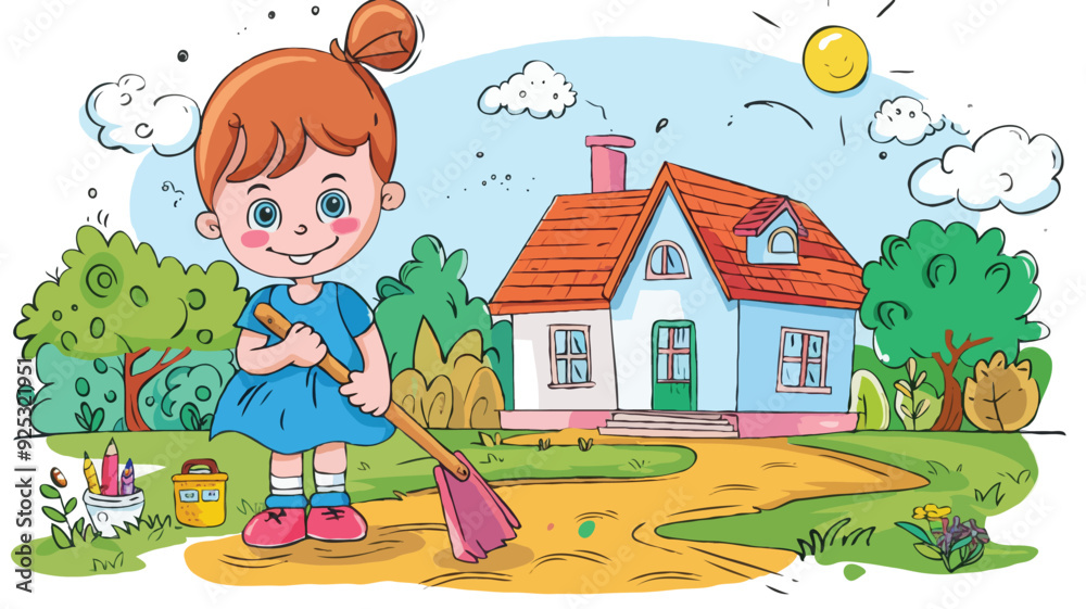 coloring page simple drawing of cartoon character clean up the house ...
