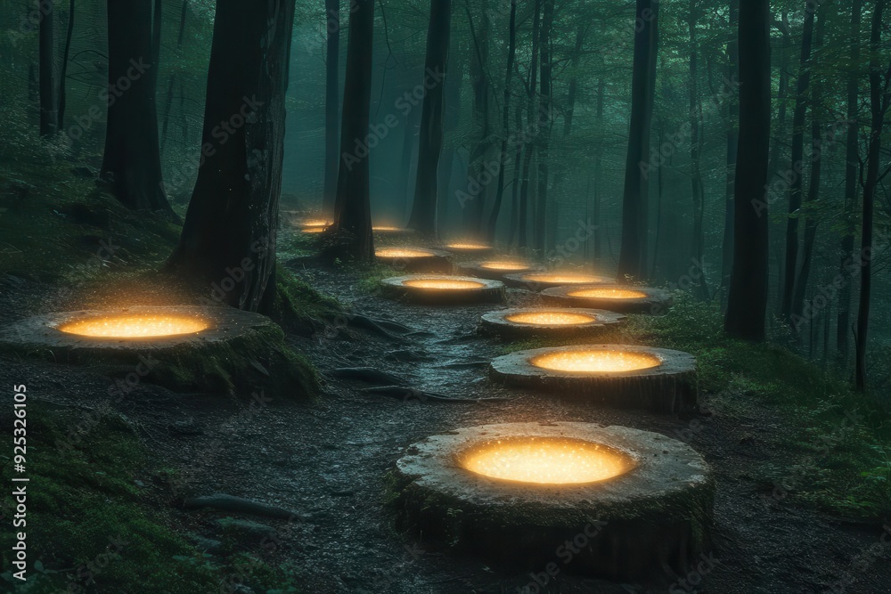 mythical slavic forest spirits emerging from misty bioluminescent ...