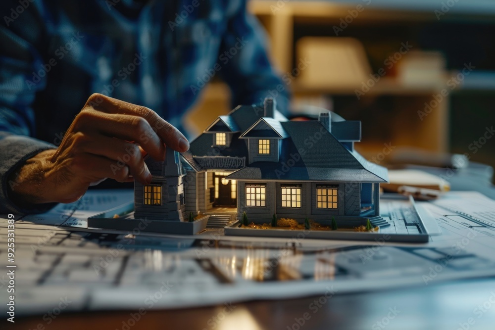 Hand crafting a scale model of a residential house from blueprints at a ...