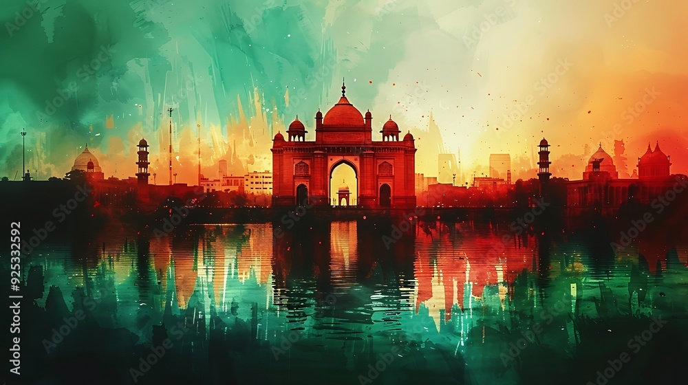 Render a watercolor illustration of the Indian flag as the background ...
