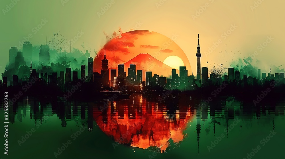 Render a watercolor illustration of the Japanese flag as the background ...