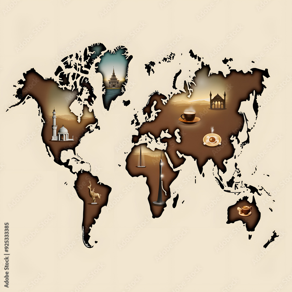Stylized World Map Featuring Iconic Landmarks of Coffee from Each ...
